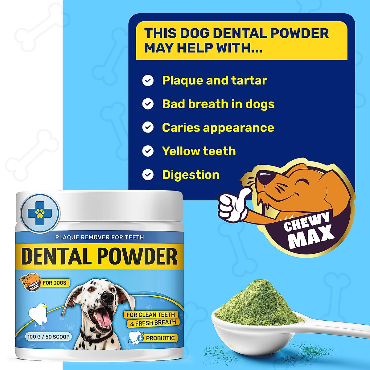 Dog Teeth Cleaning | Dental Powder with Dog Probiotics for Digestive Health | Dog Breath Freshener | Plaque Off Powder Dog & Puppies | Dog Dental Powder with Valerian Flavor | 100 G