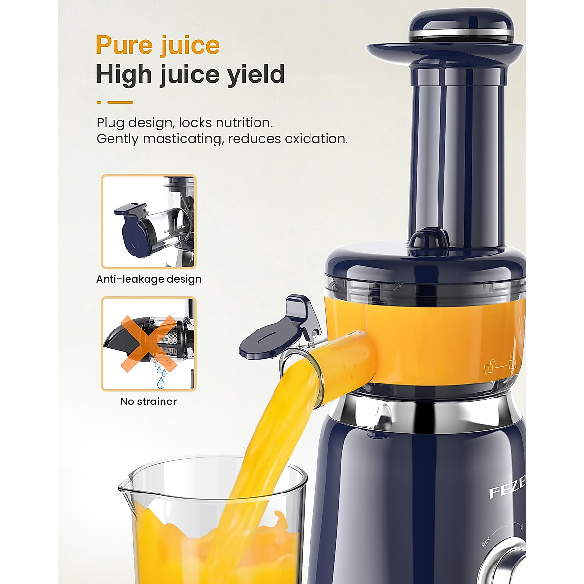 Cold Press Juicer, FEZEN Small Masticating Juicer for Fruits and Vegetables, Powerful Juice Extractor Machine with Compact Size and Space-Saving Feature, Very Easy to Clean (Updated)