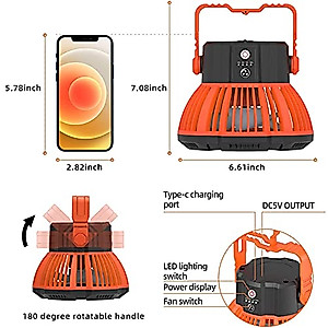 Portable Fan Camping Fan for Tents, 25 Hours Work-time Camping Lantern Ceiling Tent Fan Desk Fan with 7800mAh Power Bank, Clip and Remote, Usb Rechargeable Fan for Hiking, BBQ,Hunting, Hurricane (Black Orange)