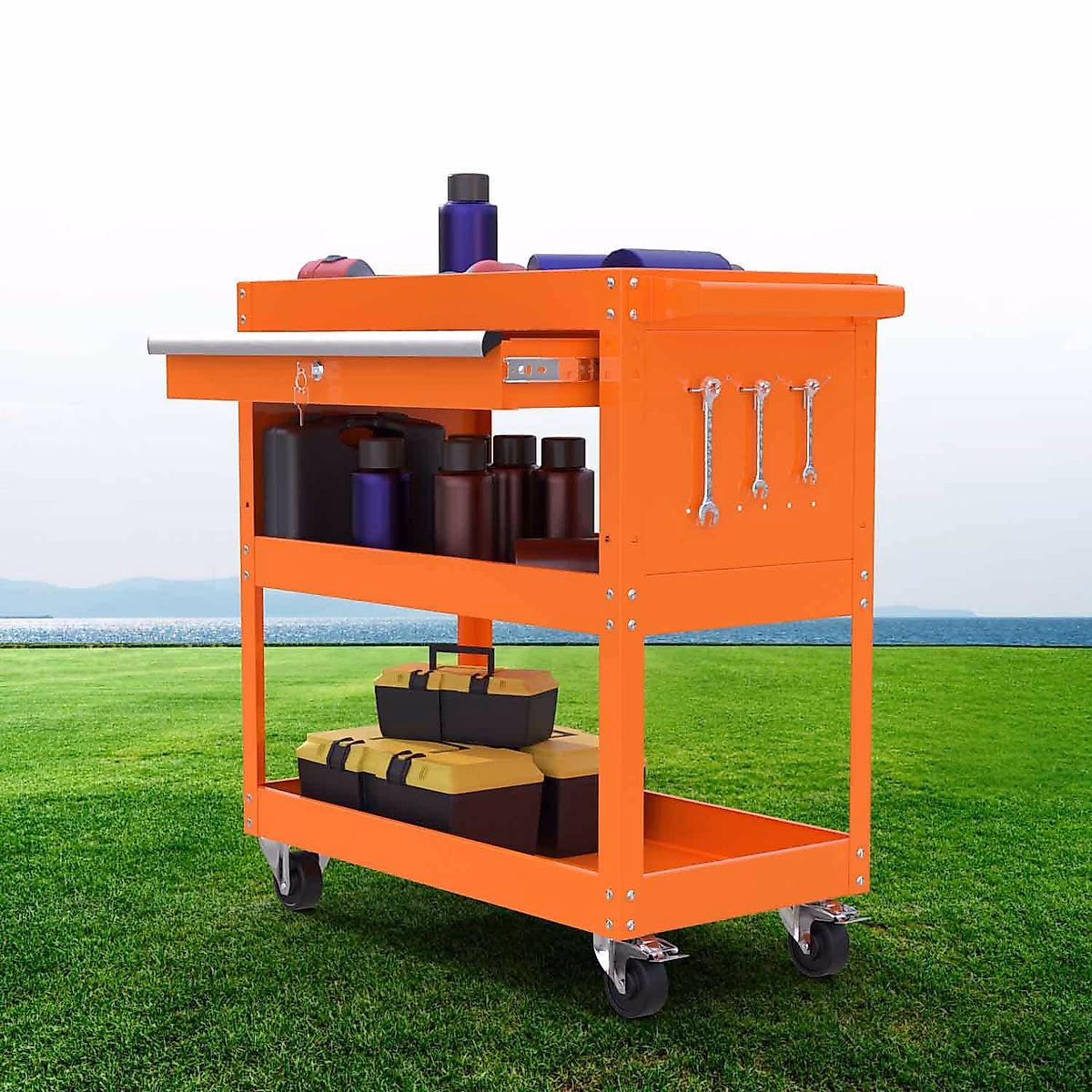 Oversized Tool Cart, Rolling Tool Cart, Mechanical Tool Storage Cart, 4-Wheel Tool Cart with Ball-Bearing Slides and Drawer Lock, Storage Cart and Tool Box for Warehouse and Garage Storage (Orange)