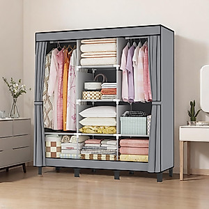 TKPKSELD Portable Closet Bedroom Wardrobe Storage with Non-Woven Fabric Cover, 8 Storage Organizer Shelves, 2 Hanging Rods for Hanging Clothes, Durable and Easy to Assemble, 69 x 49 x 17.7 Inches