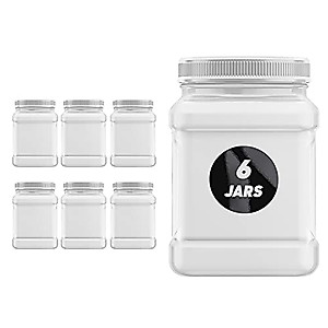 Plastic Jars 32 Ounce Square Pinch Handle (6 Pack) Clear PET Plastic Containers With White Ribbed Lids