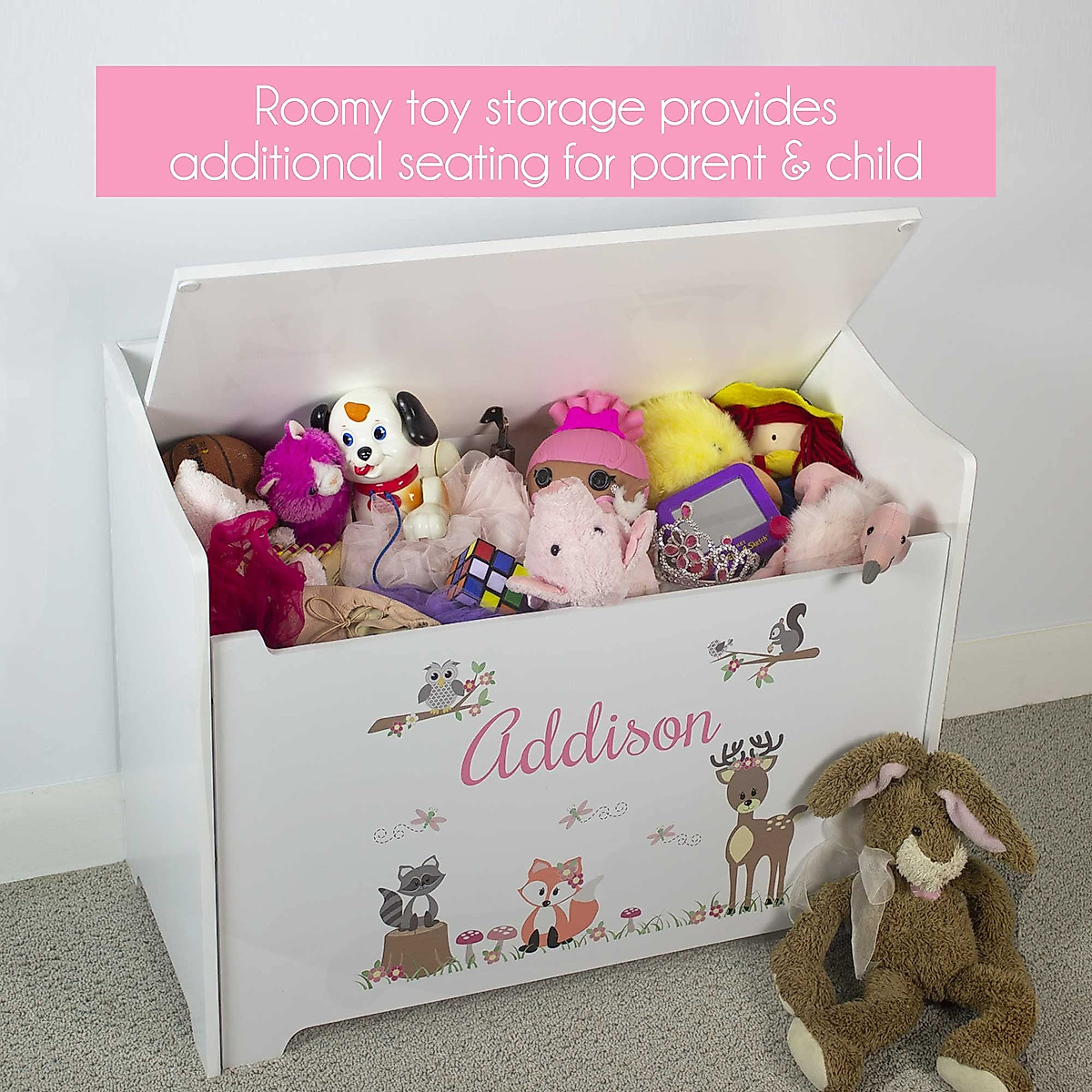 My Bambino Personalized Toy Box Bench Woodland Forest Animals White Wooden Toy Bin with lid - Chest for Toys Storage and added Nursery Playroom Bedroom Decor Seat Organizer