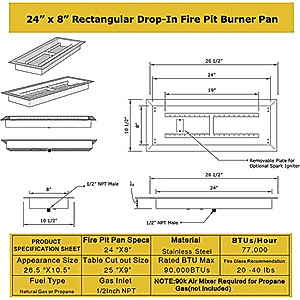MENSI 24 by 8 Inch Stainless Steel Rectangle Drop in Rectangle Propane Natural Fire Pit Burner Sytem Kit DIY Fire Table Accessories