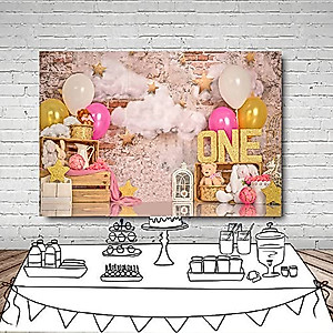 MEHOFOND 10x7ft Pink Gold Balloon Girl First Birthday Party Backdrops Sweet One Retro Brick Wall Cloud Gold Stars Photography Background Portrait Photo Studio Decoration Banner Props for Cake Smash