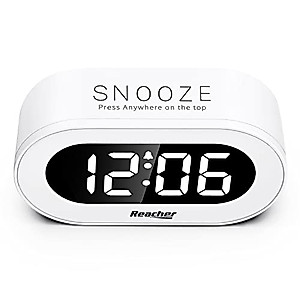 REACHER Small LED Digital Alarm Clock with Snooze, Simple to Operate, Full Range Brightness Dimmer, Adjustable Alarm Volume, Outlet Powered Compact Clock for Bedrooms, Bedside, Desk, Shelf(White)