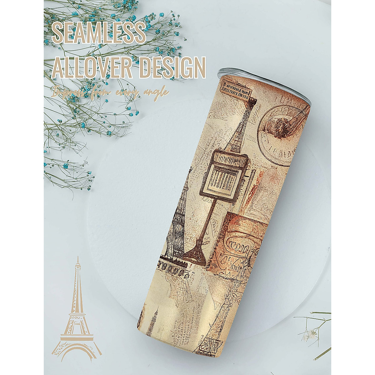 Onebttl Paris Gifts for Women, Insulated Stainless Steel Wine Tumbler with Lid and Straw, Vintage Cup, 20 oz