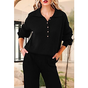 Pink Queen Women's 2 Piece Workout Set V Neck Button Pullover Sweater Top Wide Leg Pants Loungewear Sweatsuits Black L