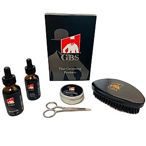 G.B.S Beard Care Grooming Kit For Men - Beard Oil, Beard Balm, Beard Growth Serum, Military Beard Brush, Mustache Trimming Scissors - Beard Styling Care Starter Gift Set for Men