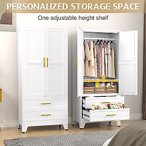 GAIOUS Metal Wardrobe Cabinet with Hanging Rod, 71" Metal Clothing Storage Cabinets with 2 Door, 1 Adjustable Shelf and 2 Drawers, Steel Armoire Wardrobe Closet for Bedroom, Gym, Cloak Room (White)