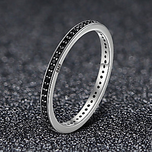 WOSTU 2MM Thin Band Eternity Rings 925 Sterling Silver Black Cubic Zirconia Egagement Rings Wedding Anniversary Stackable Rings Christmas Gifts for Her