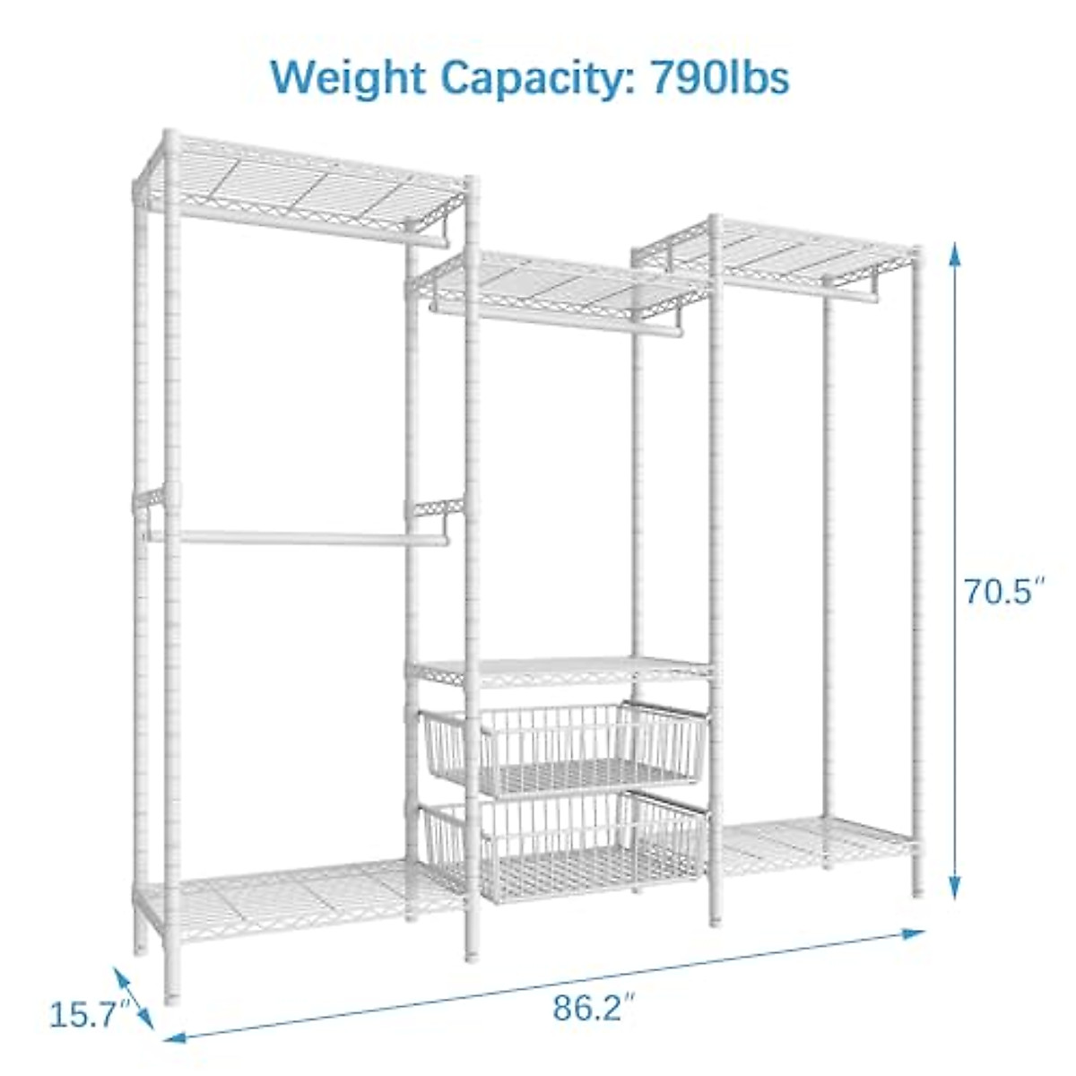 VIPEK V10i Garment Rack Heavy Duty Clothes Rack, Freestanding Closet Rack for Hanging Clothes Large Wardrobe Metal Clothing Rack with 2 Slid Storage Baskets, 68.2" L x 15.7" W x 70.5" H, White