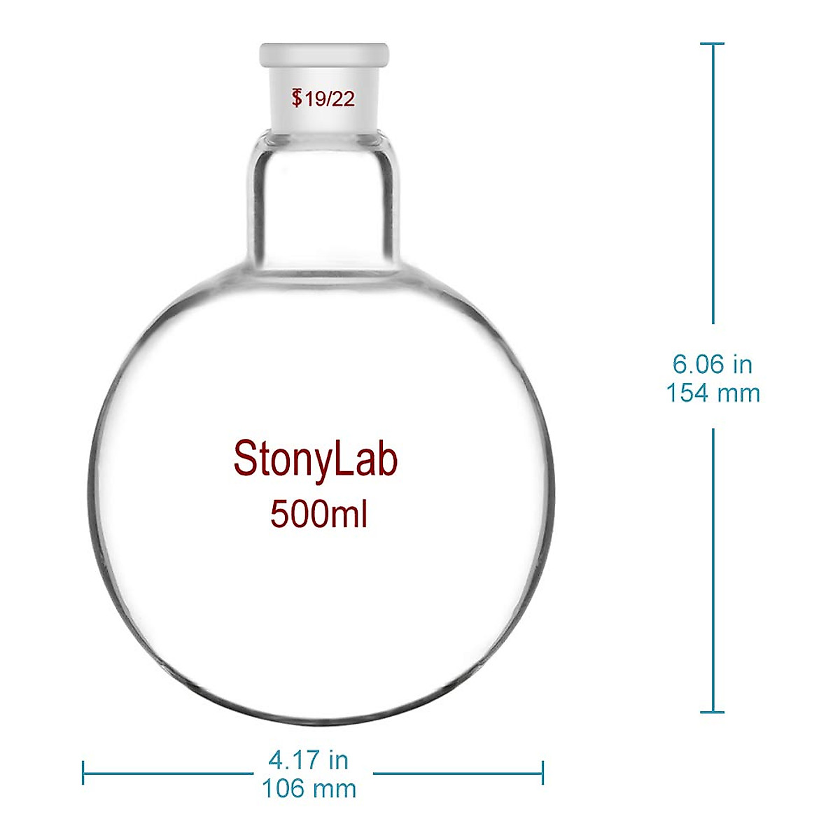 StonyLab Glass 500mL Heavy Wall Single Neck 1 Neck Round Bottom Flask RBF, with 19/22 Standard Taper Outer Joint - 500mL