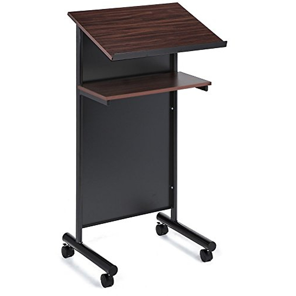 Wheeled Lectern with Storage Shelf - Cherry/Black - Compact Standing Desk for Reading - Laptop Stand