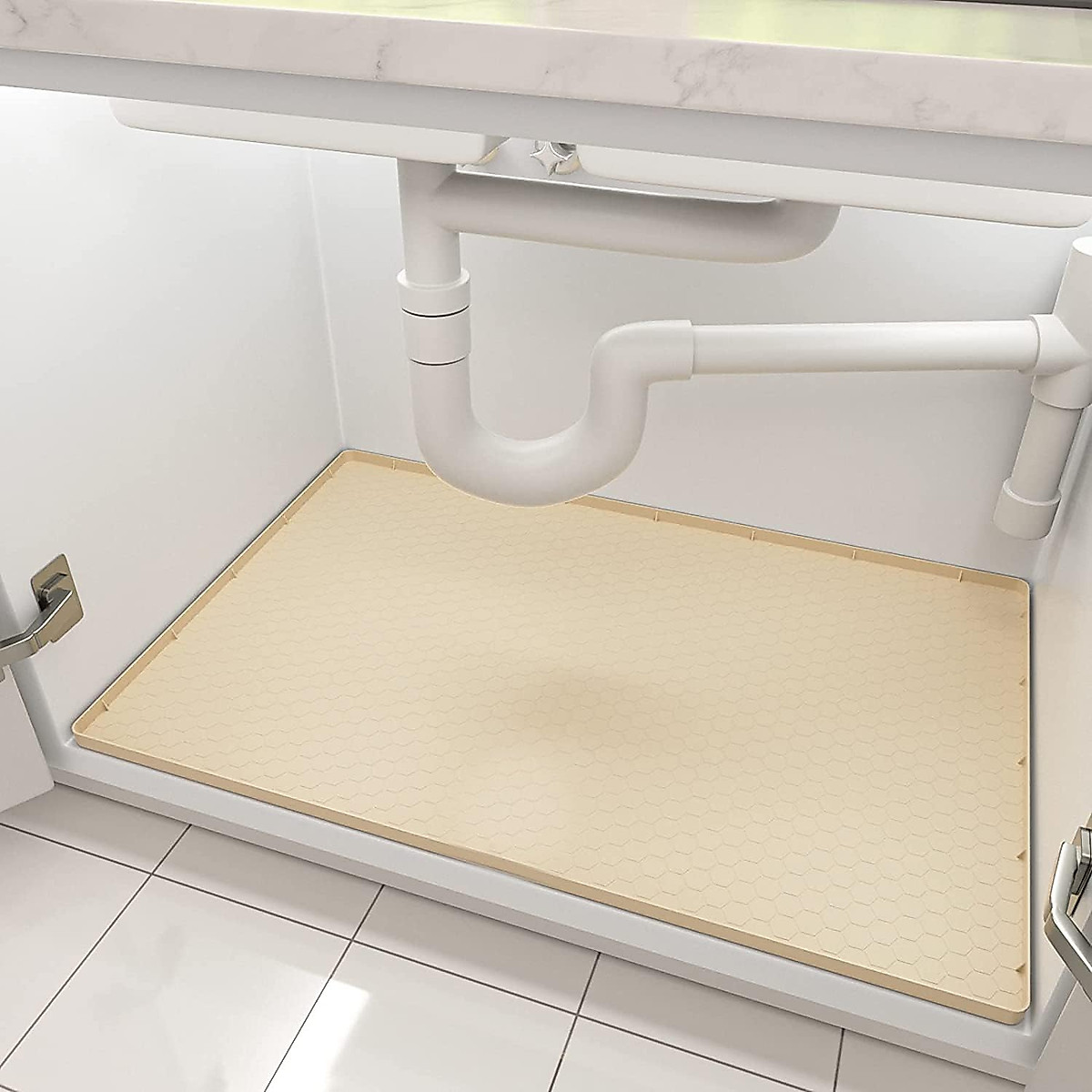 Under Sink Mat, 28'' x 22'' Silicone Under Sink Liner, Waterproof Shelf Liner with Drain Hole, Kitchen Bathroom Cabinet Mats (Beige)