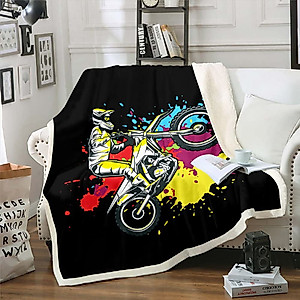 Erosebridal Dirt Bike Sherpa Blanket Queen Size,Colorful Splash Cartoon Motorcycle Plush Blanket for Boys Kids Teens Motocross Motorcyclist Blanket Colorful Rainbow Splash Paint Throw Blanket,Black