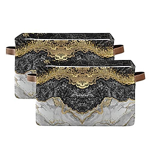 susiyo Foldable Storage Bins, Gold Foil Grey Black Marble Storage Cubes Bin Baskets for Shelves with Handles Decorative Fabric Storage Baskets for Organizing Shelves Closet Nursery Home Toys 2 Pack