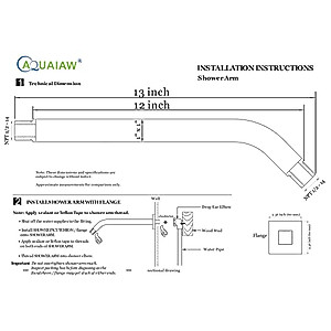 Aquaiaw Square Shower Arm and Anti-Scratch O-Ring Flange, Material 1 inch Solid Brass Pipe, Both Soldered 1/2-14 NPT Tapered Threads, Wall Mount Shower Head Extension Arm (12 inch, Matte Black)