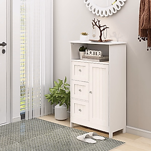OQSC 39.4 Tall White Bathroom Floor Cabinet Freestanding Storage Cabinet Side Storage Organizer with 3 Drawers&1 Cupboard&1 Shelf for Bathroom Living Room Entryway