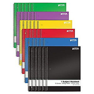 Better Office Products Spiral Notebooks 1-Subject, 24 Pack, College Rule, 70 Sheet, 8 x 10.5 inches, 6 Assorted Primary Colors, 24 Pack
