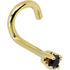 Body Candy Solid 14k Yellow Gold 2mm Black Cubic Zirconia Left Nose Stud Screw 18 Gauge 1/4"