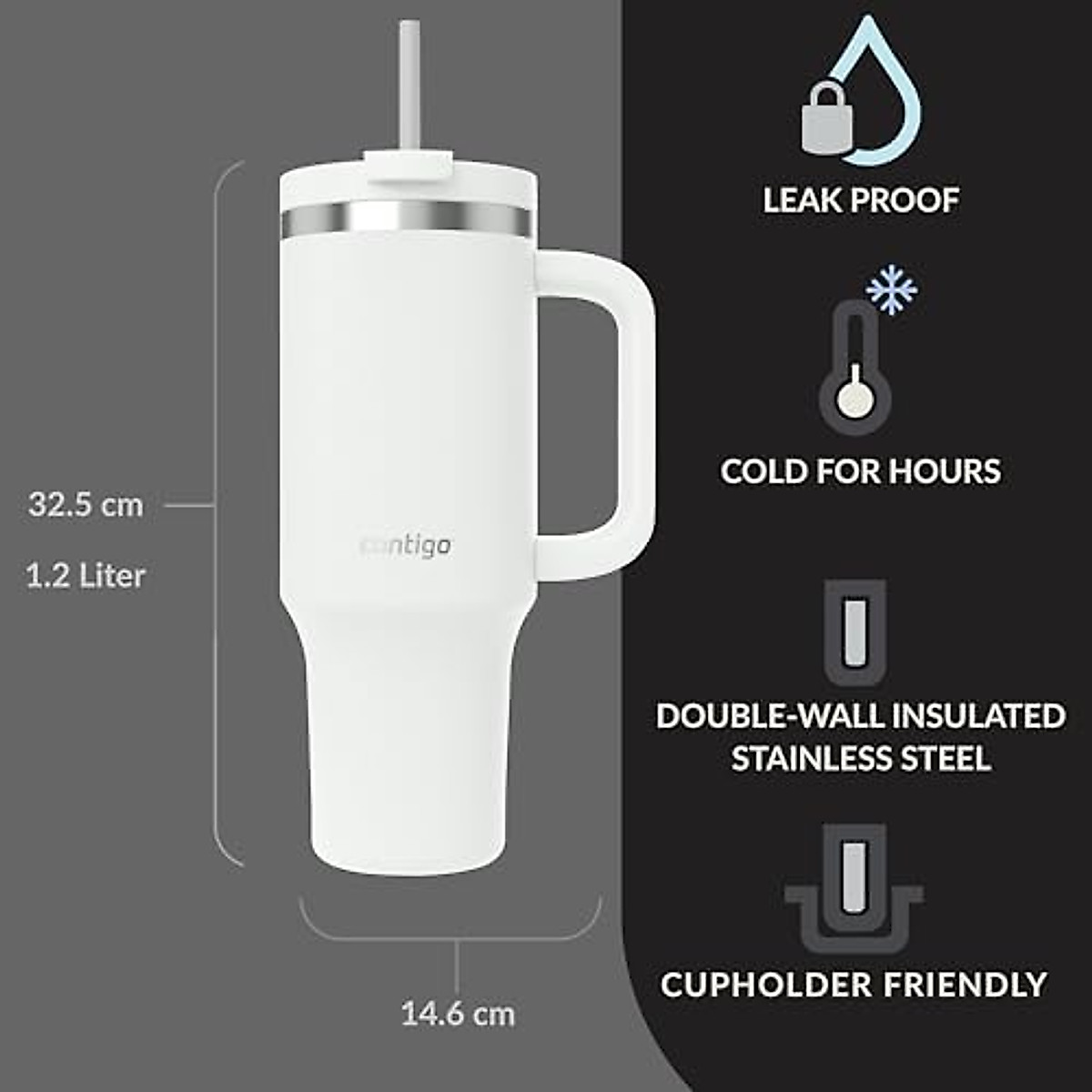 Contigo Streeterville Tumbler 1200 ml with Handle | Stainless Steel Vacuum Insulated Water Bottle with Straw and Lid | Cold for 29 Hours | Travel Mug | Thermal Flask | BPA Free