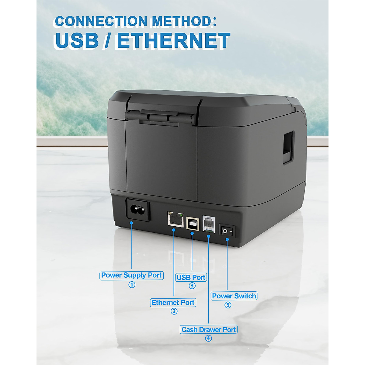 ZYWELL Thermal Receipt Printer, ZY908 Pos Printer, 80mm Direct Thermal, USB Ethernet Port, Support Windows/Mac/Android,No Square