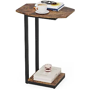 Hosfais Small Side Table End Table, C Shaped Barrel Coffee Table with Metal Frame, Wooden TV Tray for Living Room, Bedroom, Couch, Small Spaces (Rustic Brown)