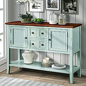 Danxee Wood Buffet Storage Cabinet Console Table with Storage Shelf 4 Storage Drawers and Cabinets Living Room Kitchen Dining Room Furniture (Antique Blue)