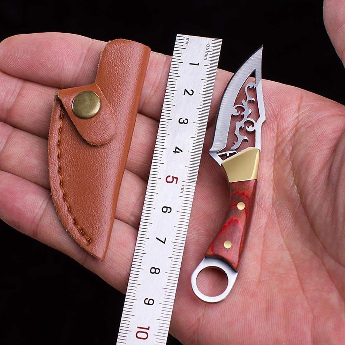 SZHOWORLD Ultra Small Fixed Blade Knife, 1.57 inch 5Cr15 Steel Laser Cutting Hollow Blade with Brass+Colored Wood Handle, Mini Knife/Box Cutter with Leather Sheath for EDC Use (Red brown)