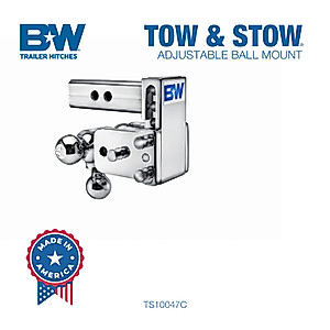 B&W Trailer Hitches Chrome Tow & Stow Adjustable Trailer Hitch Ball Mount - Fits 2" Receiver, Tri-Ball (1-7/8" x 2" x 2-5/16"), 3" Drop, 10,000 GTW - TS10047C