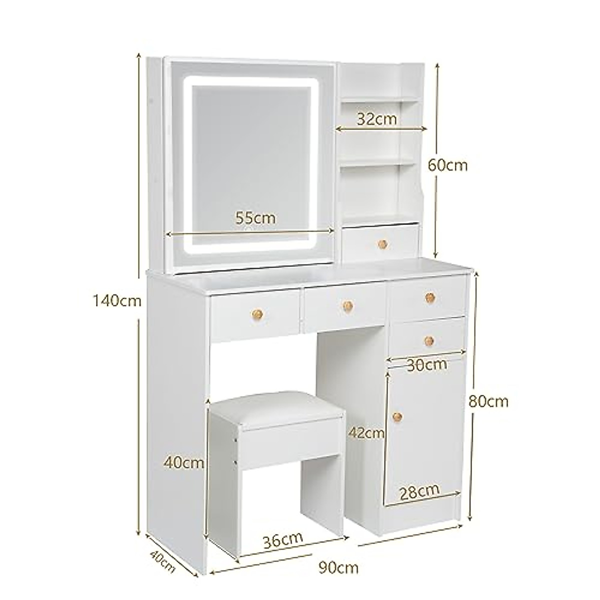 JBLCC Makeup Vanity with Lights Mirror, Large Makeup Table Set Vanity Mirror with Lights, Vanity Desk with Storage Shelves, Drawers, Modern Vanity Table for Bedroom White (3078LED)