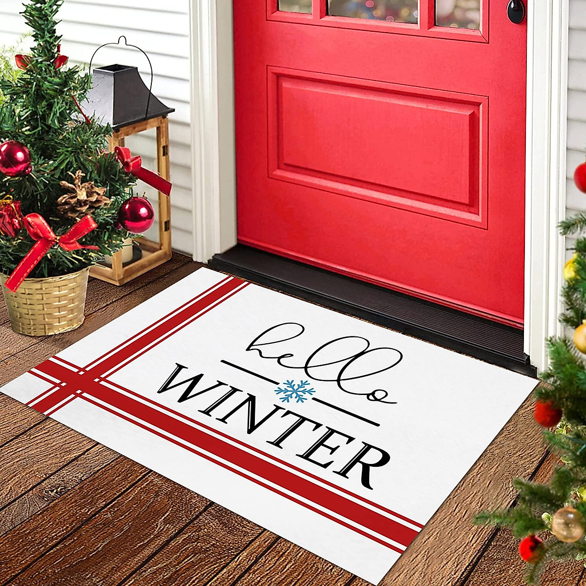Hello Winter Door Mats, 23.6" x 15.7" Outdoor Indoor Entrance Doormat Welcome Mats, Absorbent Water Non Slip Entryway Rug, Front Doormat Inside Outside, Christmas Snowflake with Holiday Red Stripes
