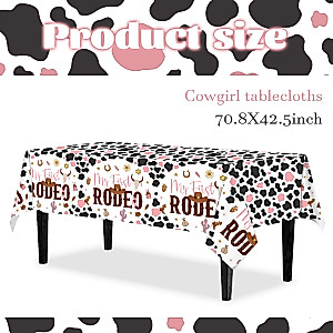 3Pcs My First Rodeo Tablecloths-Cowgirl Baby Shower Decorations Pink Cow Print Western Disposable Rectangular Plastic Table Covers First Rodeo Birthday Party Supplies Girl
