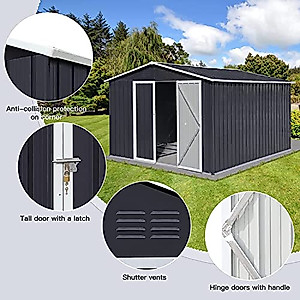 EMKK 10x8 FT Outdoor Storage Shed with Floor,Tool Garden Metal Sheds with Lockable Door,Outside Waterproof Galvanized Steel Storage House for Backyard Garden, Patio, Lawn