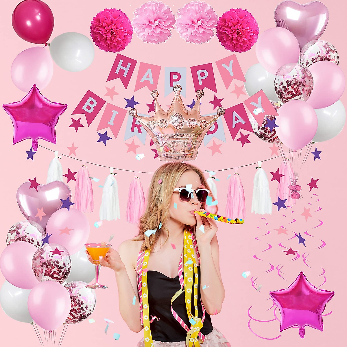 NANINUNENO Sweet Pink Birthday Decorations for Girls Teens Women, Pink and White Happy Birthday Balloons for Women，Birthday Party Decorations for Daughter Her Kids Including Pink Happy Birthday