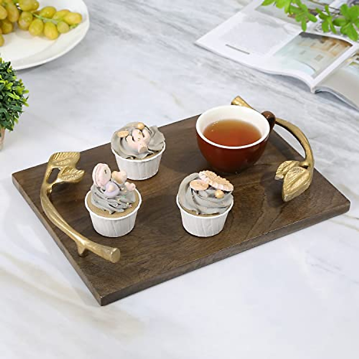 MyGift Handmade Solid Mango Wood Decorative Tray with Elegant Gold Leaf Metal Handle, Serving Tray Coffee Table Display Tray, Handcrafted in India