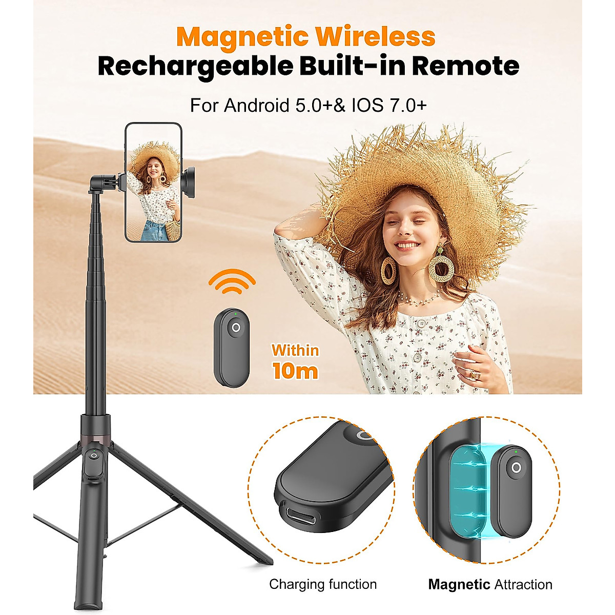 TONEOF 66" Automatic Phone Tripod with Magnetic Rechargable Remote,Selfie Stick 360° Vertical & Horizontal Rotatable,Stable for iPhone/Android(Black)