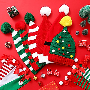 Liitrsh 12 Pcs Christmas Knitted Hat Long Striped Socks Set 6 Pcs Santa Xmas Beanie Winter Knitted Cap 6 Pair Thigh High Christmas Socks Striped Stockings for Women and Girls Gift, Multicolor