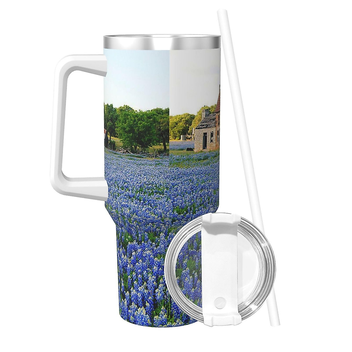 furenan Bluebonnets 40oz Tumbler With Handle And Straw Lid Stainless Steel Double Wall Vacuum Insulated Tumbler Travel Mug Straw Covers Cup For Water Iced Tea Or Coffee