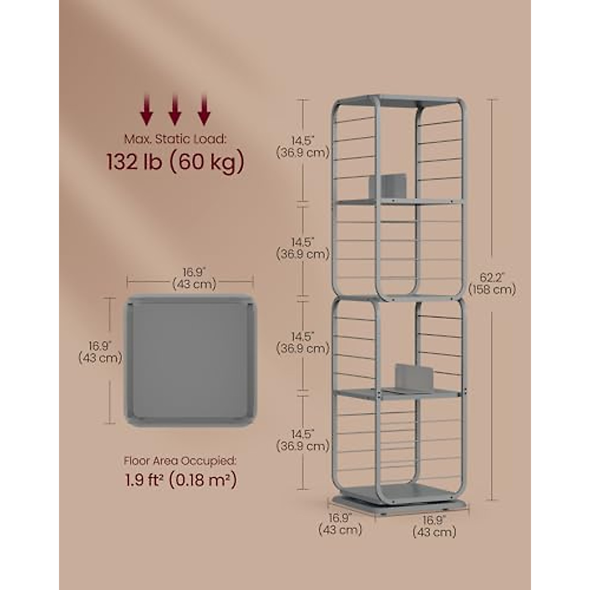 VASAGLE 4-Tier Rotating Bookshelf, Bookcase with Bookends for Small Spaces, Corner Shelf, Steel Frame, Dove Grey ULLS127G36