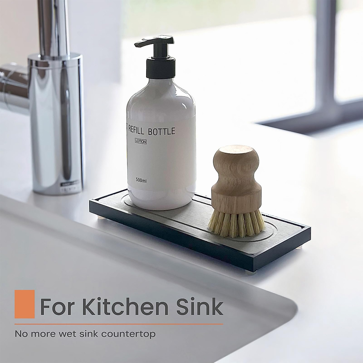 Authumberdale Instant Dry Sink Caddy Organizers, Sponge Holder for Kitchen Sink Counter, Water Absorbing Stone Drying Mat Rack, Soap Dish for Bathroom Countertop, Black Acrylic Tray with Grey Stone