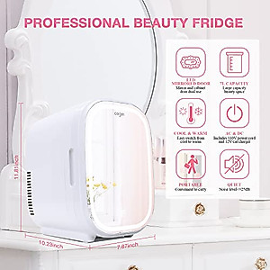 Cegsin Mini Fridge, 5 Liter/8 Cans Small Skincare Fridge with LED Mirror Door, AC/DC Portable Mini Refrigerator for Cosmetic & Makeup, Plug In Cooler and Warmer for Bedroom, Dorm, Office, Car(White)