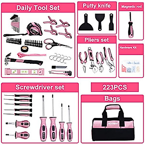 Pink Tool Set,ACOSEA 223-Piece Tool Sets for Women,Tool Kit with 13-Inch Wide Mouth Open Pink Tool Bag,The Basic Tool Set is Perfect for Home Maintenance (PINK)