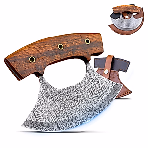 Damascus Ulu Knife with Leather Sheath- Authentic Damascus Steel Multipurpose Kitchen Tool for Chopping, Slicing, and Dicing