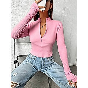 SOLY HUX Women's Zip Up Mock Neck Long Sleeve Crop Tops Casual Tee T Shirts with Thumb Hole Solid Pink S