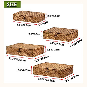 Hipiwe Flat Wicker Storage Basket Bin with Lid - Set of 4 Large Woven Shelf Baskets Boxes Natural Seagrass Basket Bin Rectangular Decorative Storage Boxes for Closet Shelf Organizer, Caramel