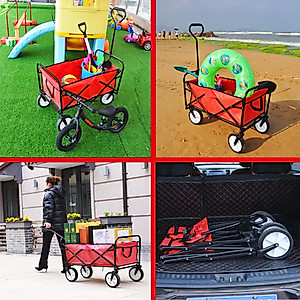 Collapsible Folding Wagon, Heavy Duty Utility Beach Wagon Cart with Side Pocket, Large Capacity Foldable Grocery Wagon for Garden Sports Outdoor Use (Red)