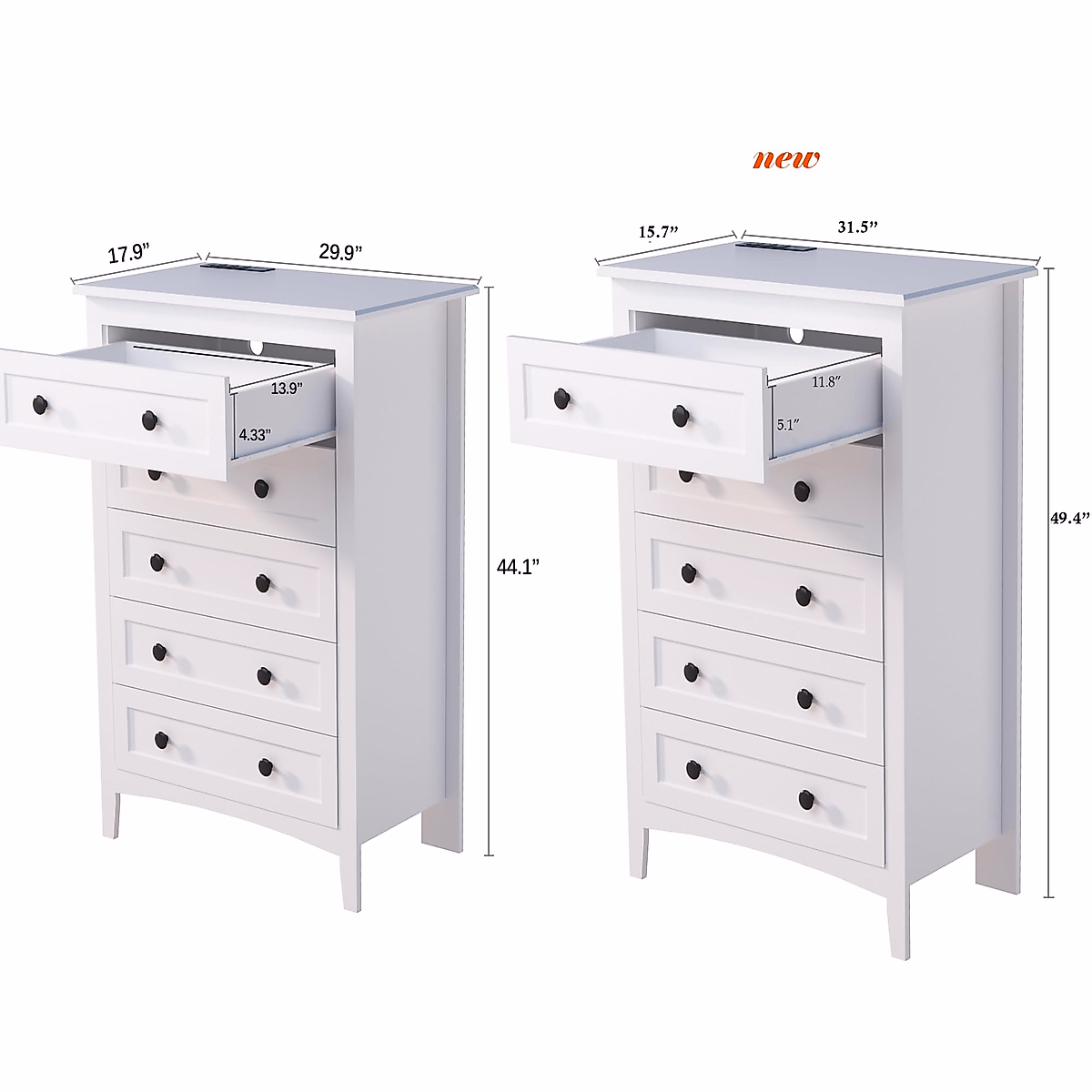 HAIOOU 5 Drawer Dresser for Bedroom, Large Storage Chest of Drawers Vertical Wooden Dresser Organizer with Power Outlets, Hidden Drawer Compartment for Living Room, Entryway - Modern White