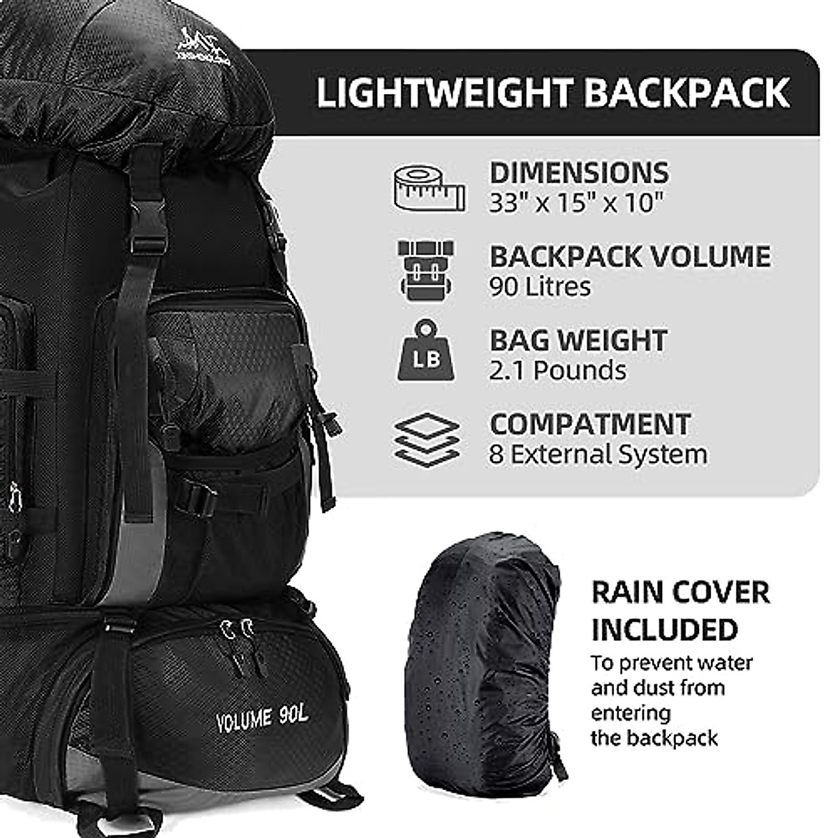 Unineovo 90L Camping Hiking Backpack for Women Men, Rainproof Travel Backpack with Rain Cover for Hiking (Black)